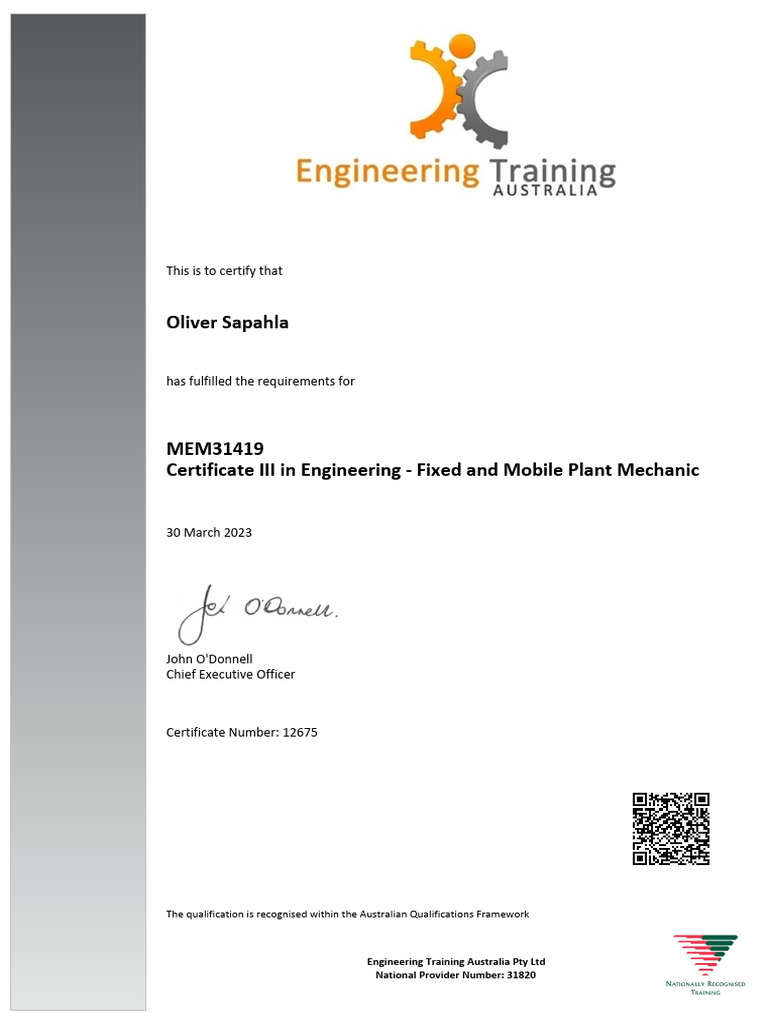 Oliver Sapahla - AWARD - Certificate | PDF | Engineering | Engines