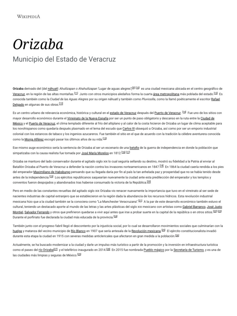 Orizaba - Wikipedia, La Enciclopedia Libre | PDF | Nueva españa | México