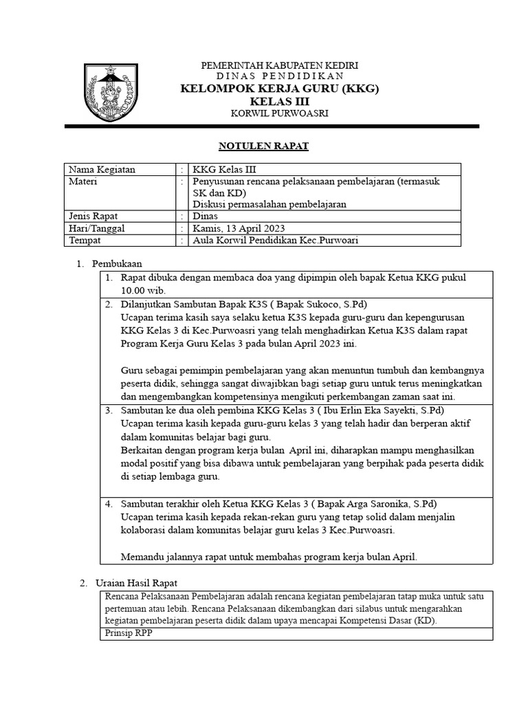 Notulen Rapat KKG April 2023 | PDF | Karier & Perkembangan