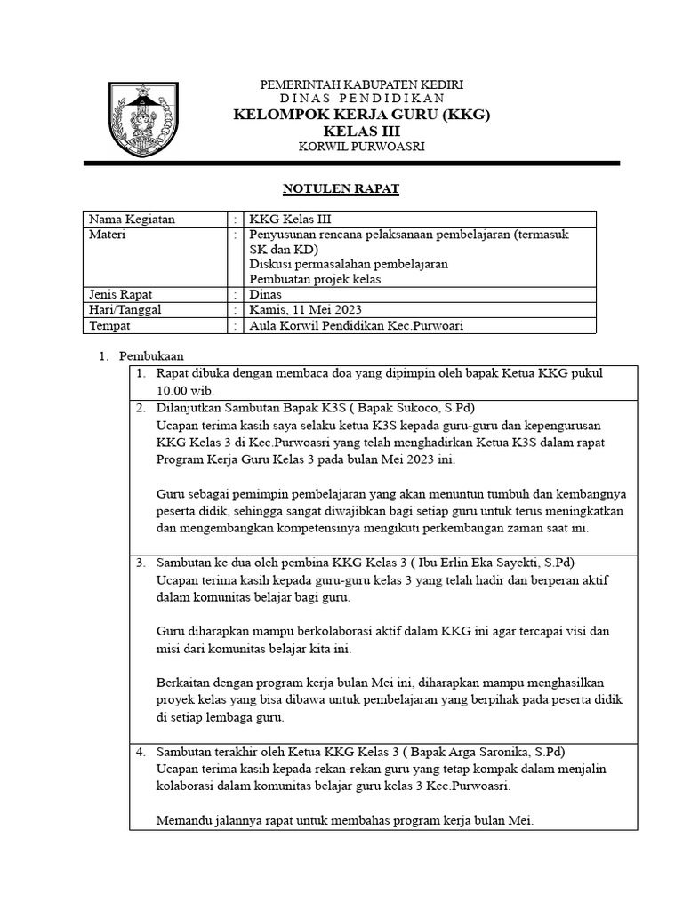 Notulen Rapat KKG MEI 2023 | PDF