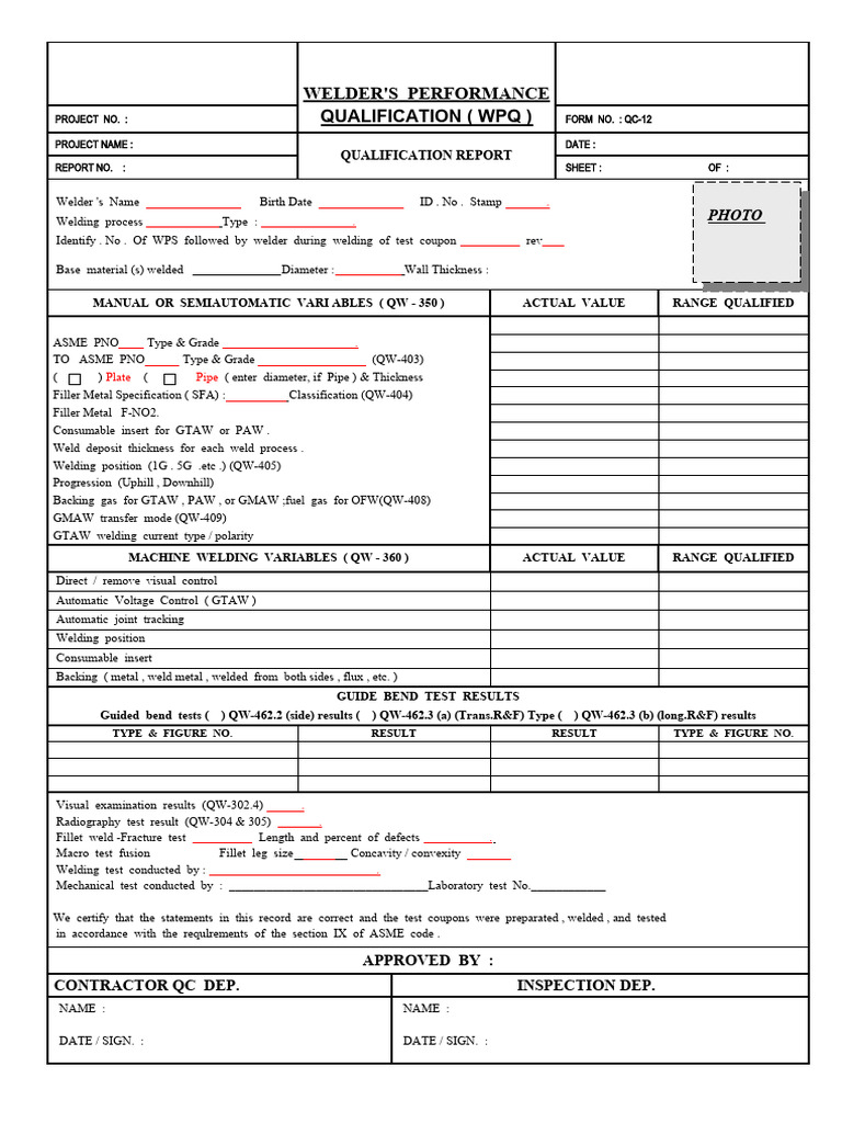 Welder's Performancequalification (WPQ) Form | PDF | Welding | Construction