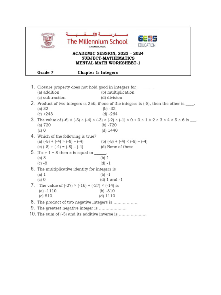 Grade 7 Integer Mental Math Worksheet | PDF