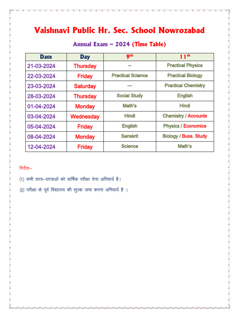 9th - 11th - Annual Time Table 2024 | PDF