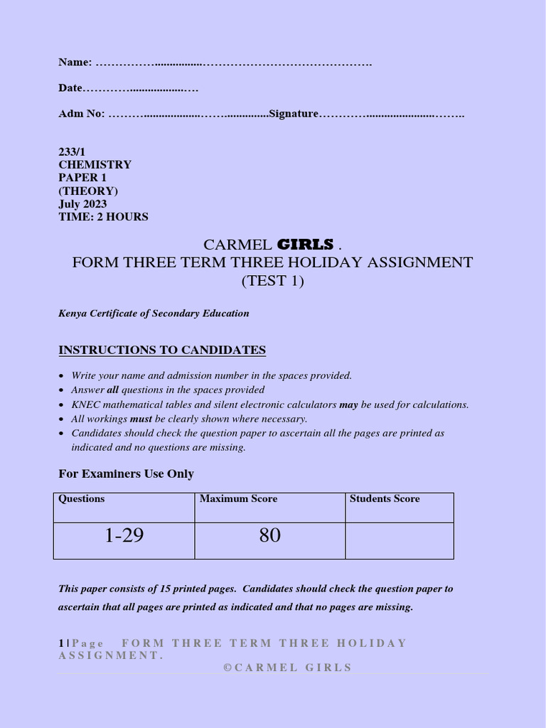 Chem Form Three Holiday Test One Assignment - 231106 - 090737 | PDF ...