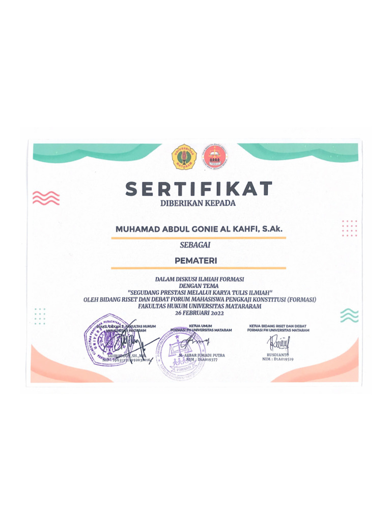SERTIFIKAT M. ABDUL GONIE AL KAHFI, S.Ak. | PDF