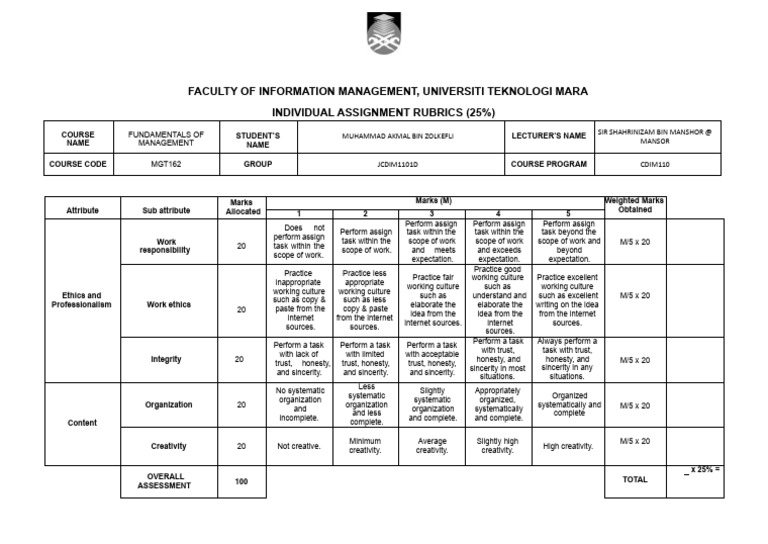 MGT162 Rubric Individual Assignment - October 2023 | PDF