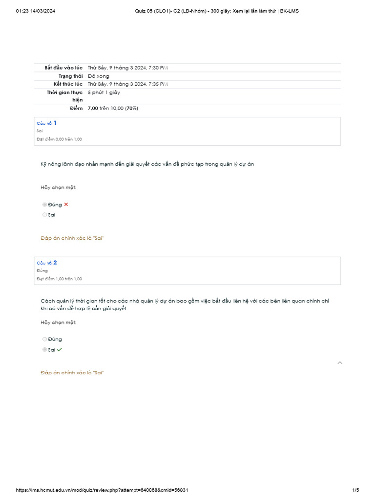 Quiz 05 (CLO1) - C2 (LĐ-Nhóm) - 300 giây - Xem lại lần làm thử - BK-LMS | PDF