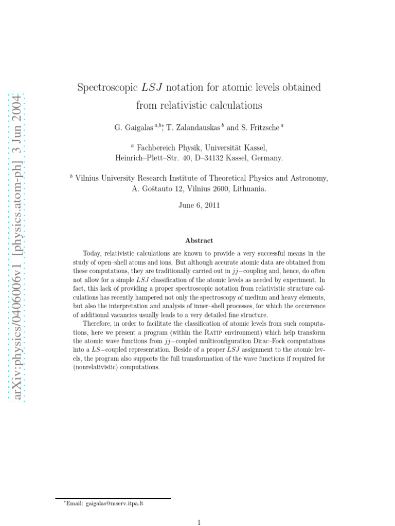 Spectroscopic LSJ Notation For Atomic Levels Obtained From Relativistic ...