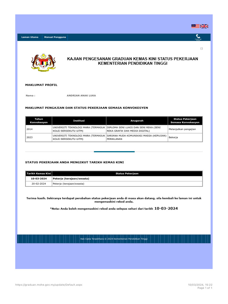 Kajian Pengesanan Graduan - Kemas Kini Status, Kementerian Pengajian ...