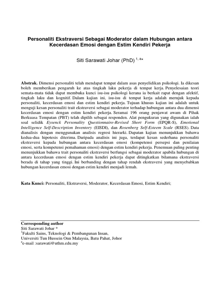 Ekstraversi Moderasi Kecerdasan Emosi dan Estim Kendiri | PDF | Karier & Perkembangan
