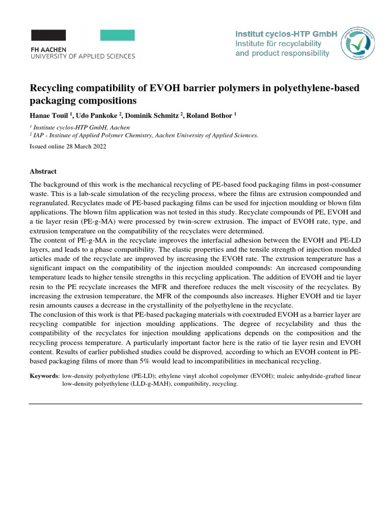 Recycling Compatibility of EVOH Barrier Polymers in Polyethylene-Based Packaging Compositions ...