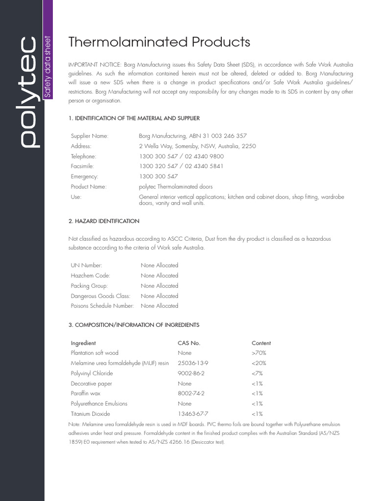Polytec Technical Sds Thermolaminated | PDF | Formaldehyde | Waste ...