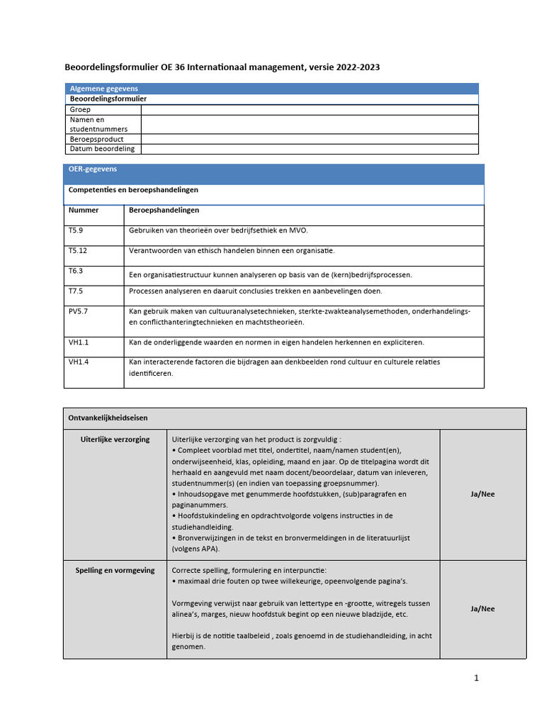 Beoordelingsformulier - Internationaal Management - Rubrics - 2022 - 2023 | PDF