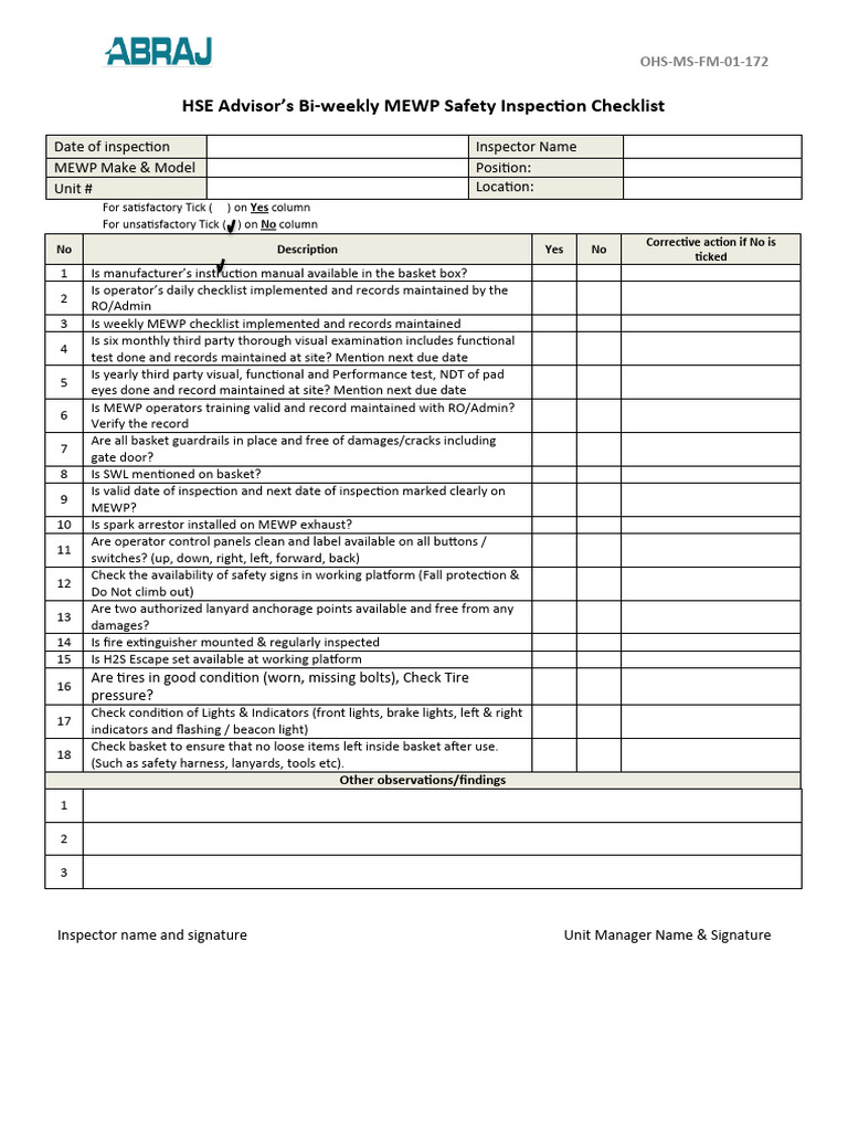 Bi-Weekly MEWP Inspection Checklist-25.12.2023 | PDF | Safety