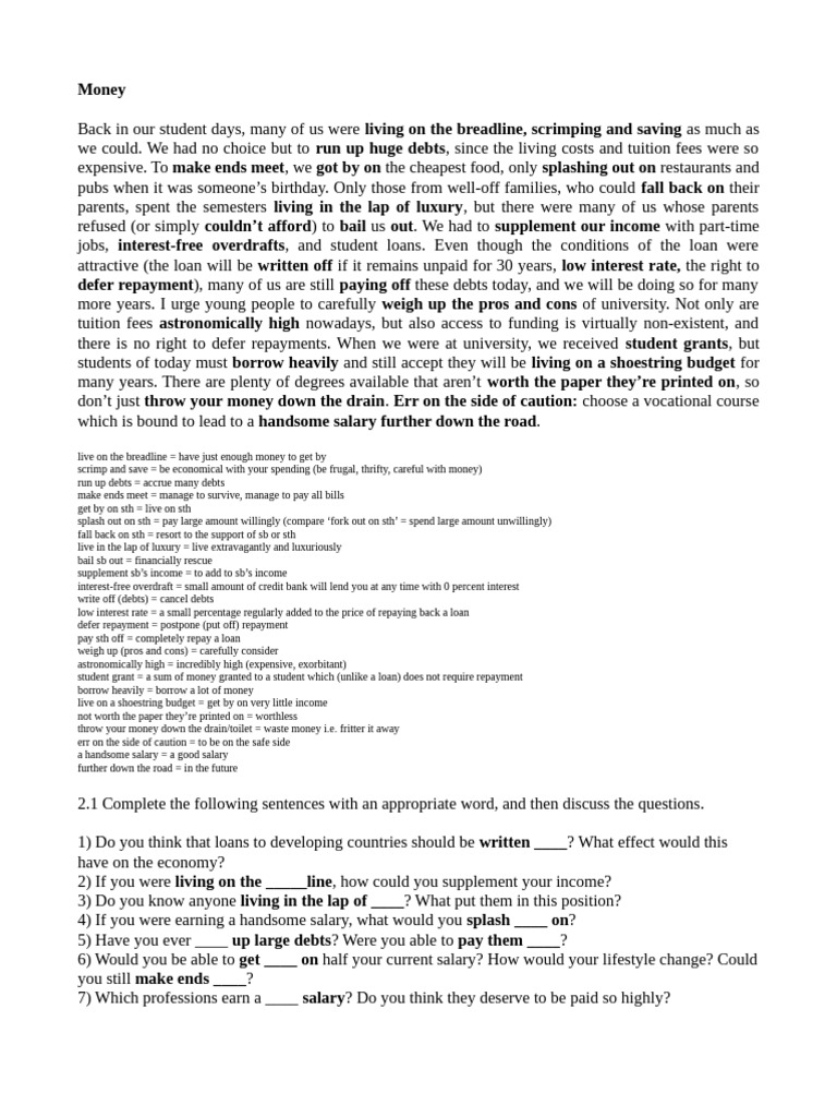 MONEY Exercises | PDF | Debt | Interest