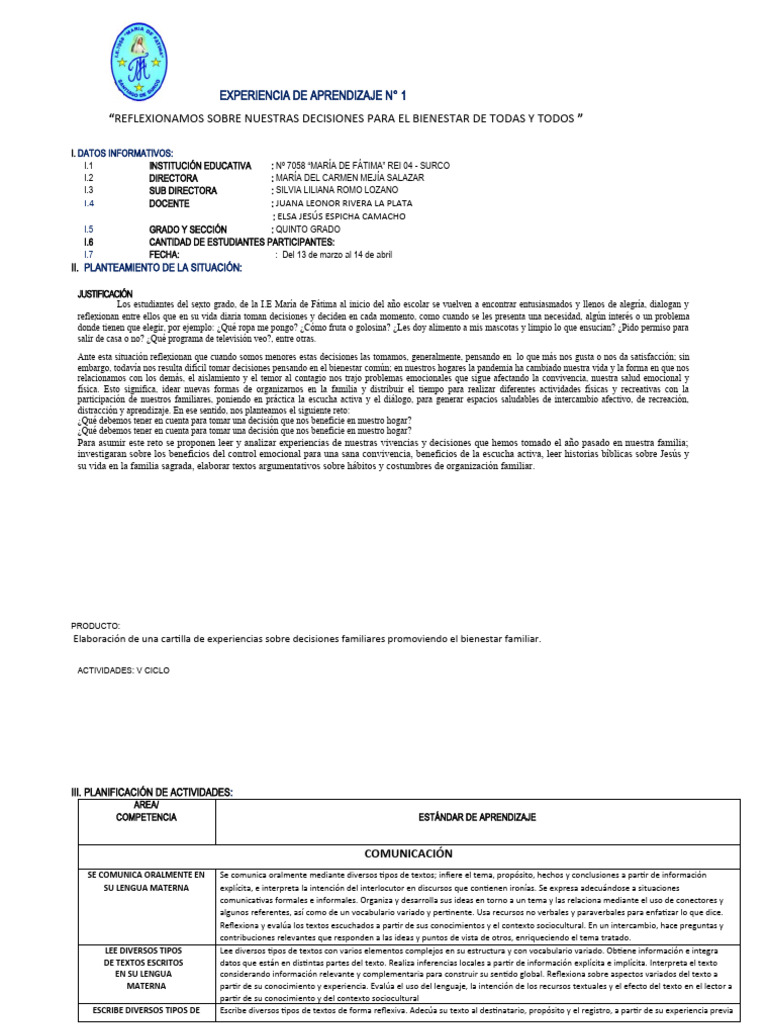 Modelo 1° Experiencia de Aprendizaje - 5to Grado MF | PDF | Aprendizaje ...