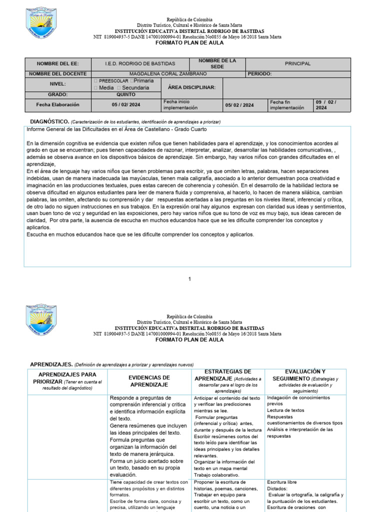 Plan de Aula Grado 5 | PDF | Evaluación | Aprendizaje
