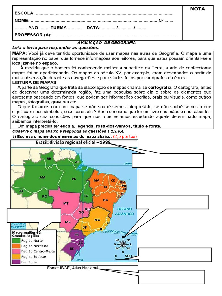 Avaliação de Cartografia 5º Ano | PDF | Cartografia | Mapa