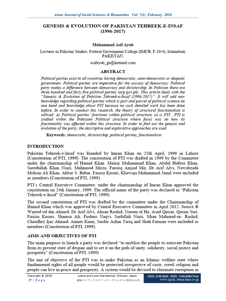 Genesis & Evolution of Pakistan Tehreek-E-Insaf (1996-2017) - Muhammad ...