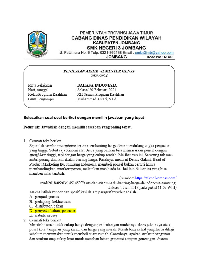 Soal Pas Genap Kelas Xii 2023-2024 | PDF