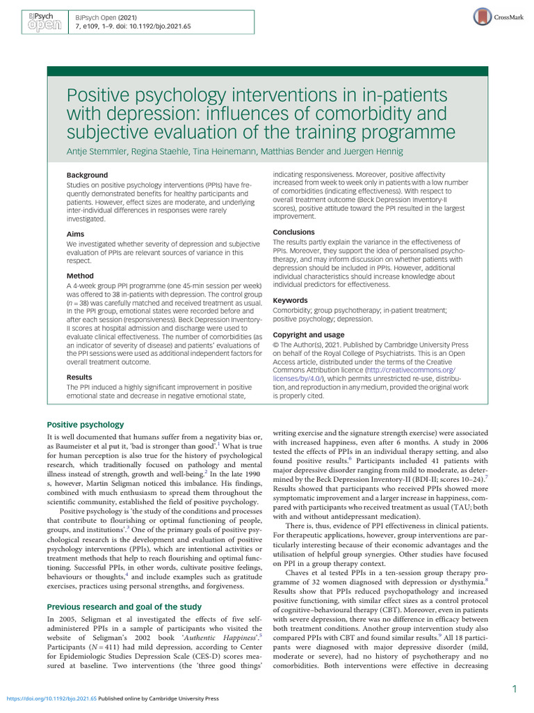 Positive Psychology Interventions in in-patients With Depression | PDF | Major Depressive ...