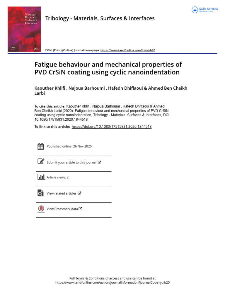 Fatigue Behaviour and Mechanical Properties of PVD CrSiN Coating Using Cyclic Nanoindentation ...