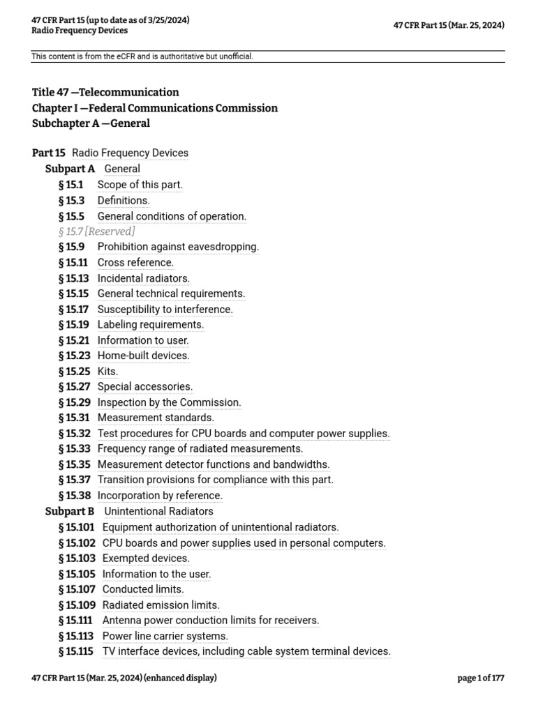 47 CFR Part 15 (Up To Date As of 3-25-2024) | PDF | Radio | Telephone