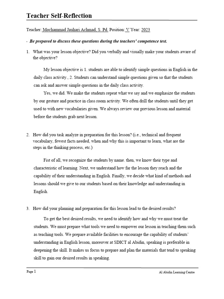 ATEPT - Teacher Self-Reflection Form | PDF | Teachers | Learning