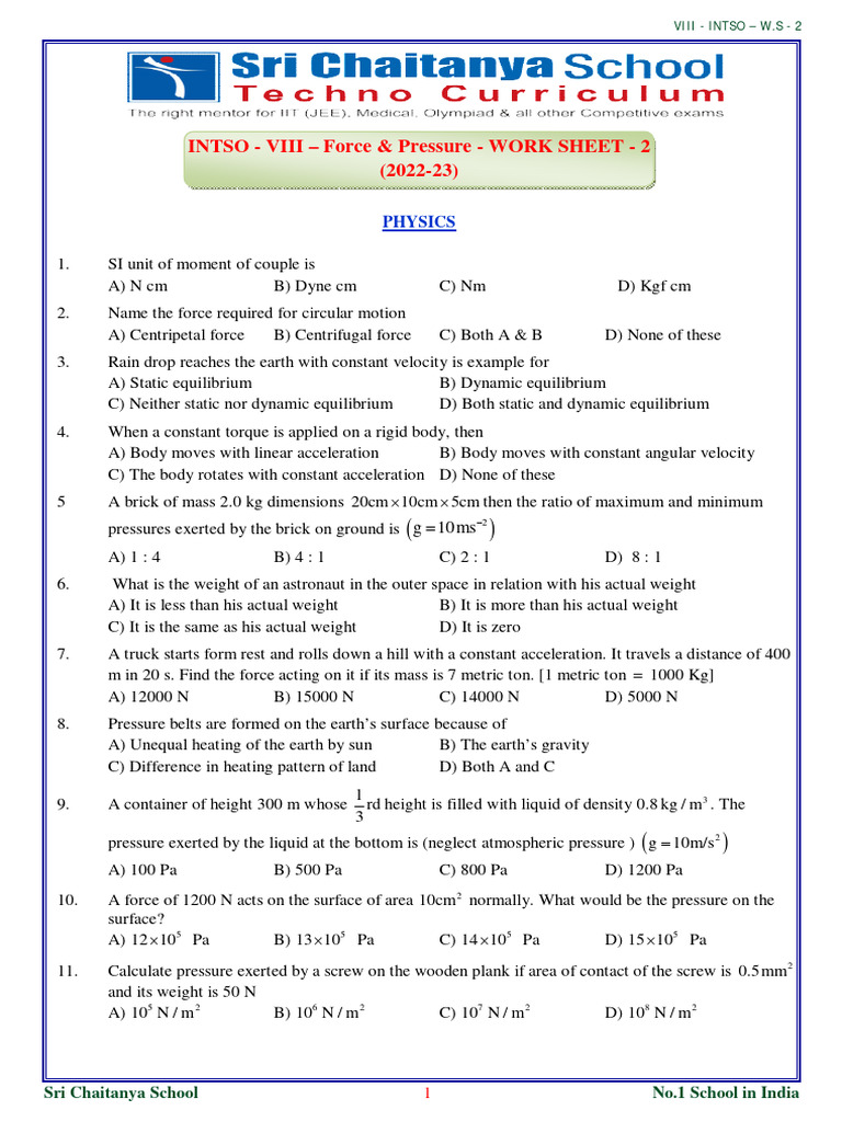 Intso Stso Physics Class Viii Force & Pressure Worksheet - 2 | PDF ...