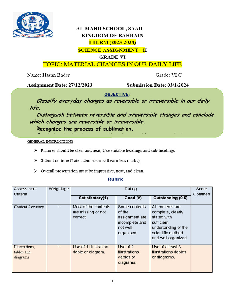 Hasan Bader Abdulla - Science Assignment II I Term 23-24 | PDF ...