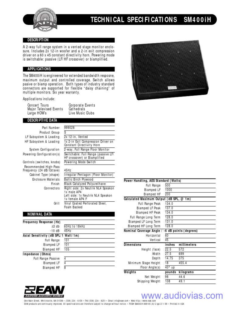 EAW SM400iH Technical Specifications | PDF | Loudspeaker | Computer ...