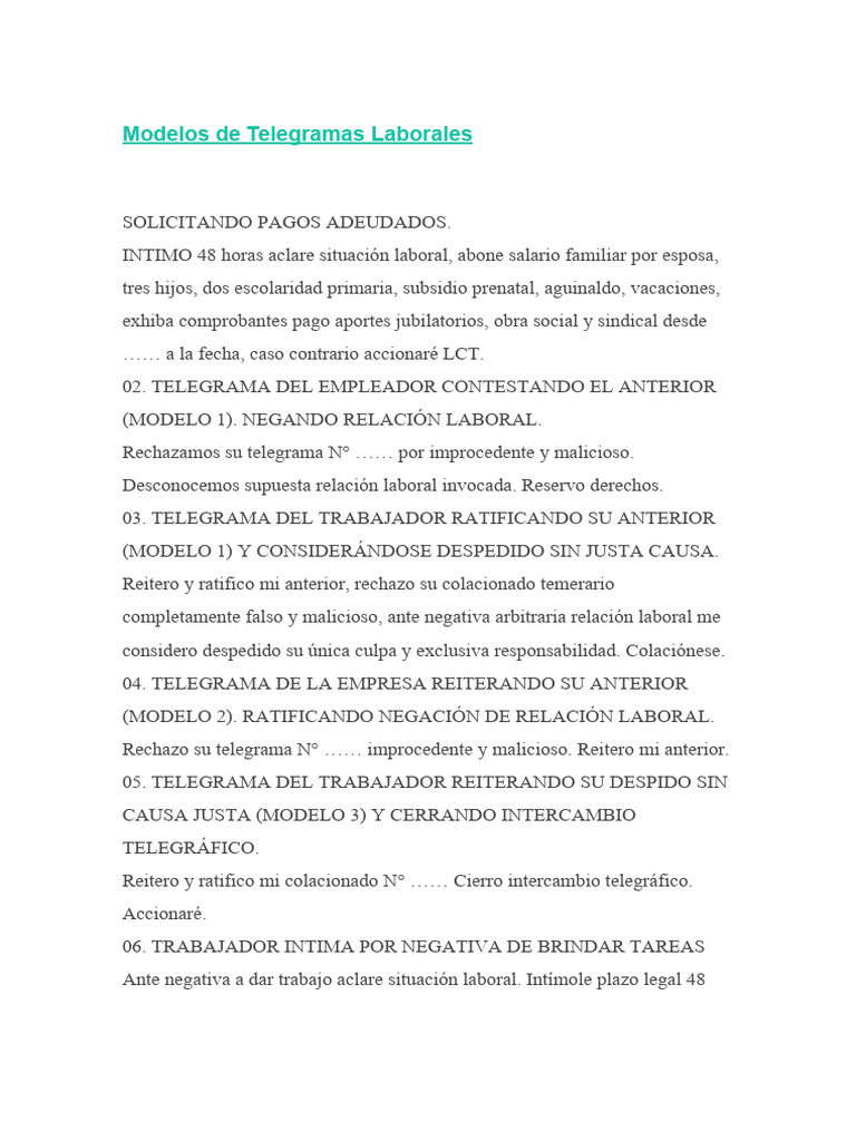 Modelos de Telegramas Laborales | PDF | Derecho laboral | Labor