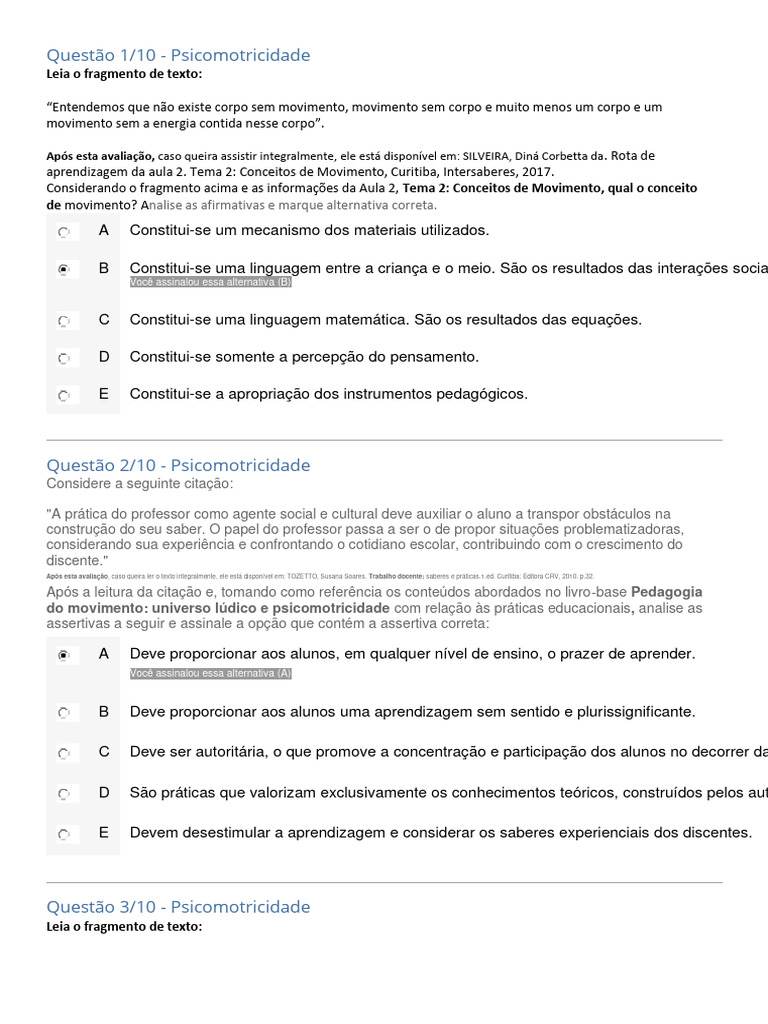 APOL 1 - Psicomotricidade | PDF | Pedagogia | Aprendizado