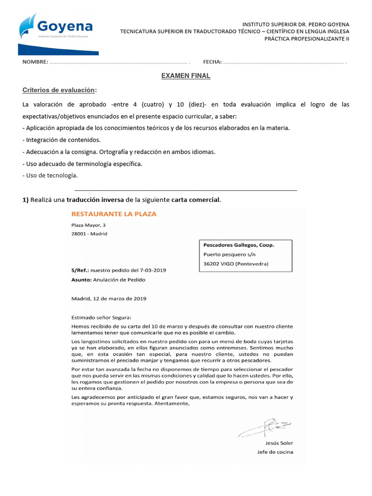 EXAMEN FINAL - DICIEMBRE 2023 (1er Llamado) | PDF | Translations ...