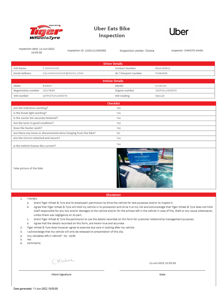 Uber Eats Bike Inspection Report | PDF | Vehicles | Tire