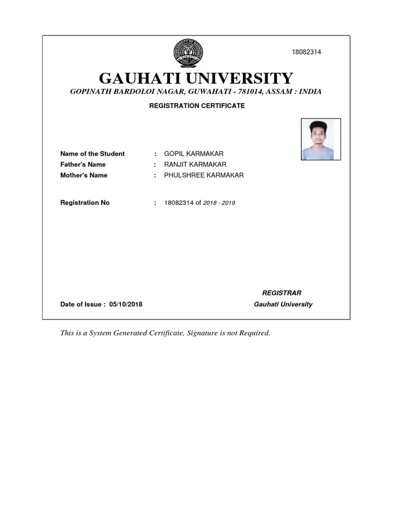 Gauhati University Registration Certificate | PDF