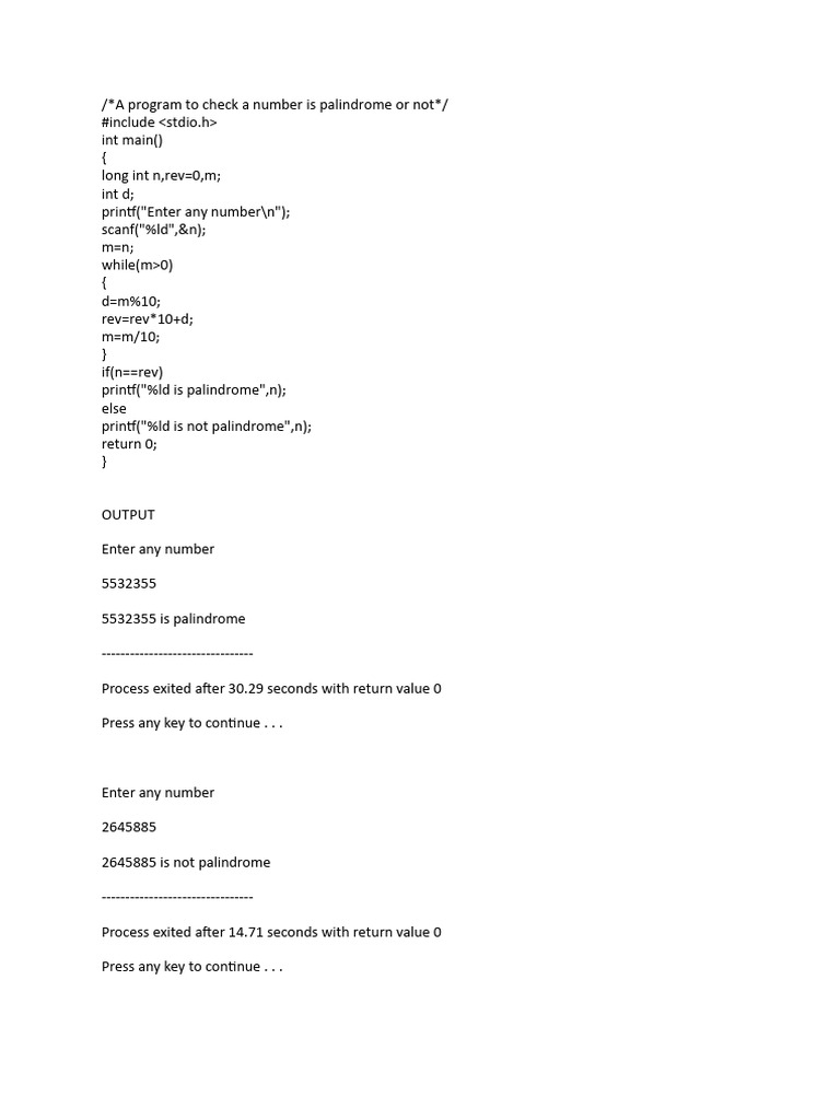 A Program To Check A Number Is Palindrome Or Not Pdf Technology