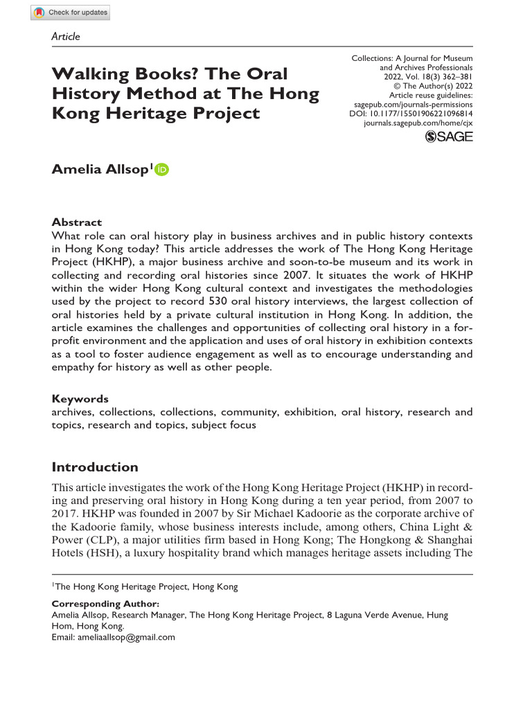 allsop-2022-walking-books-the-oral-history-method-at-the-hong-kong-heritage-project | PDF | Oral ...