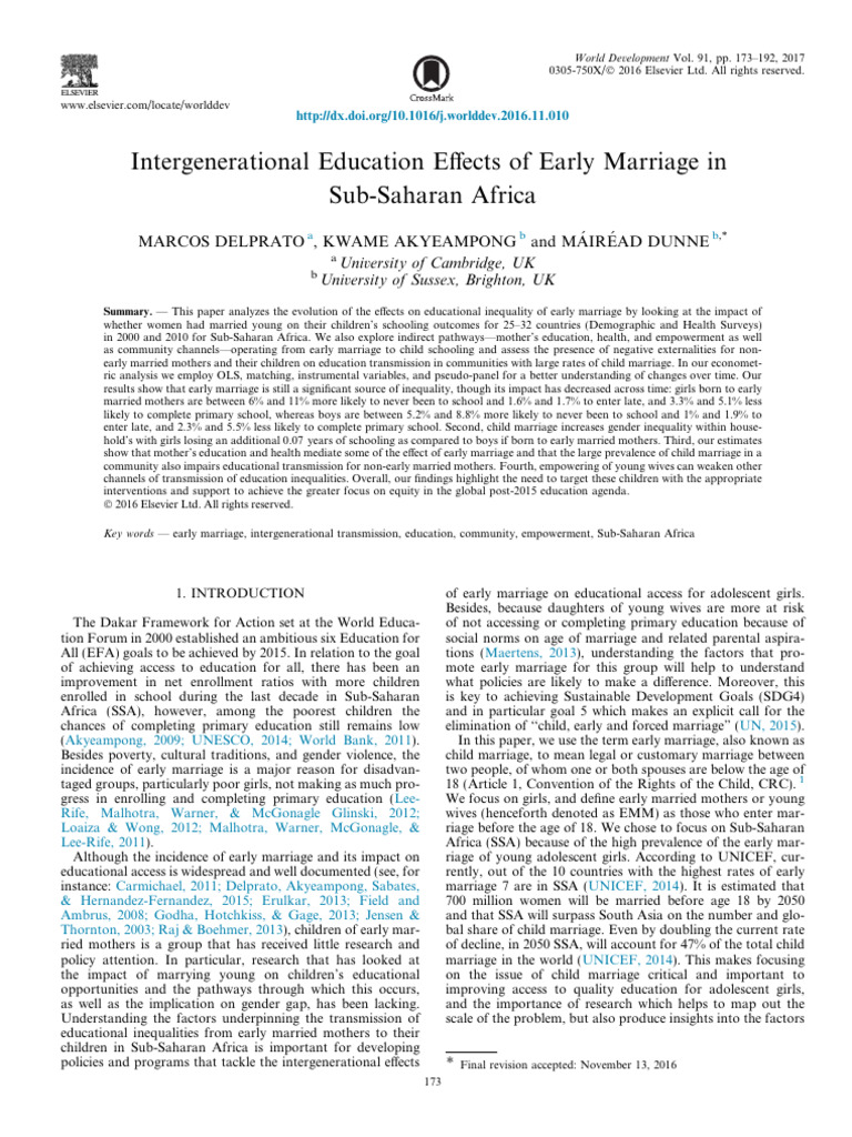 Intergenerational Education Effects of Early Marriage In | PDF | Child Marriage | Marriage