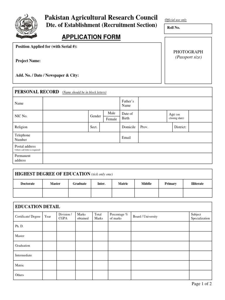 Application Form For PARC Jobs | PDF