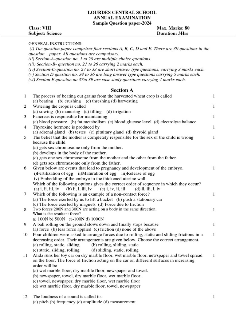 Class 8 Sample Paper Annual Exam 2024 | PDF | Pressure | Atmospheric ...