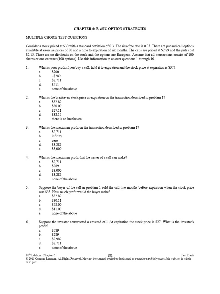 Chapter 6 Test Bank 10e | PDF | Option (Finance) | Put Option