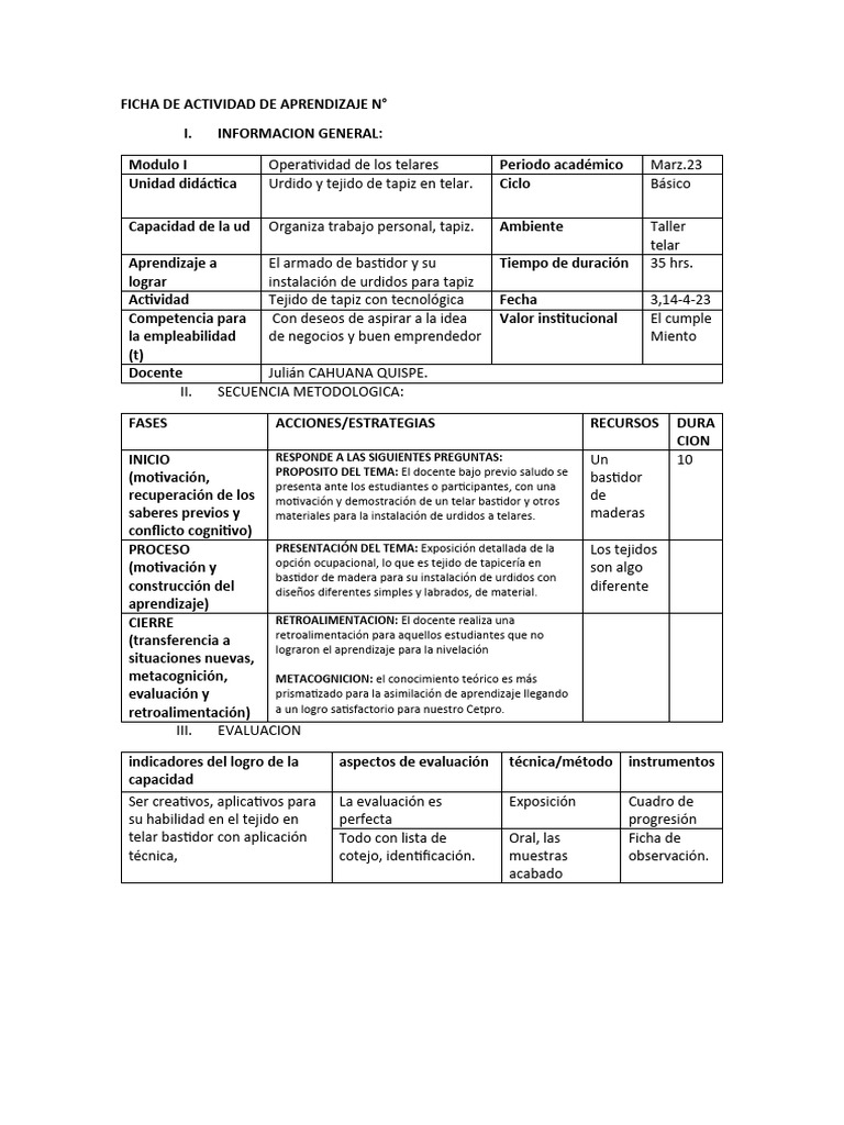 Ficha de Actividad de Aprendizaje 1 | PDF | Evaluación | Aprendizaje