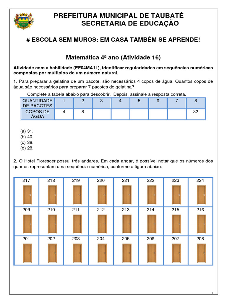 4ano MATEMATICA Ativ 16 Identificar Regularidades em Sequ Ncias Num®ricas | PDF