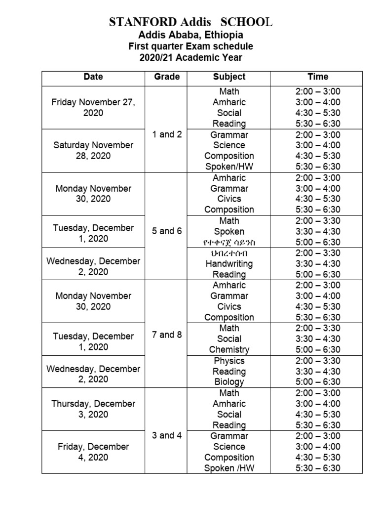 Stanford Addis School Exam Schedule | PDF