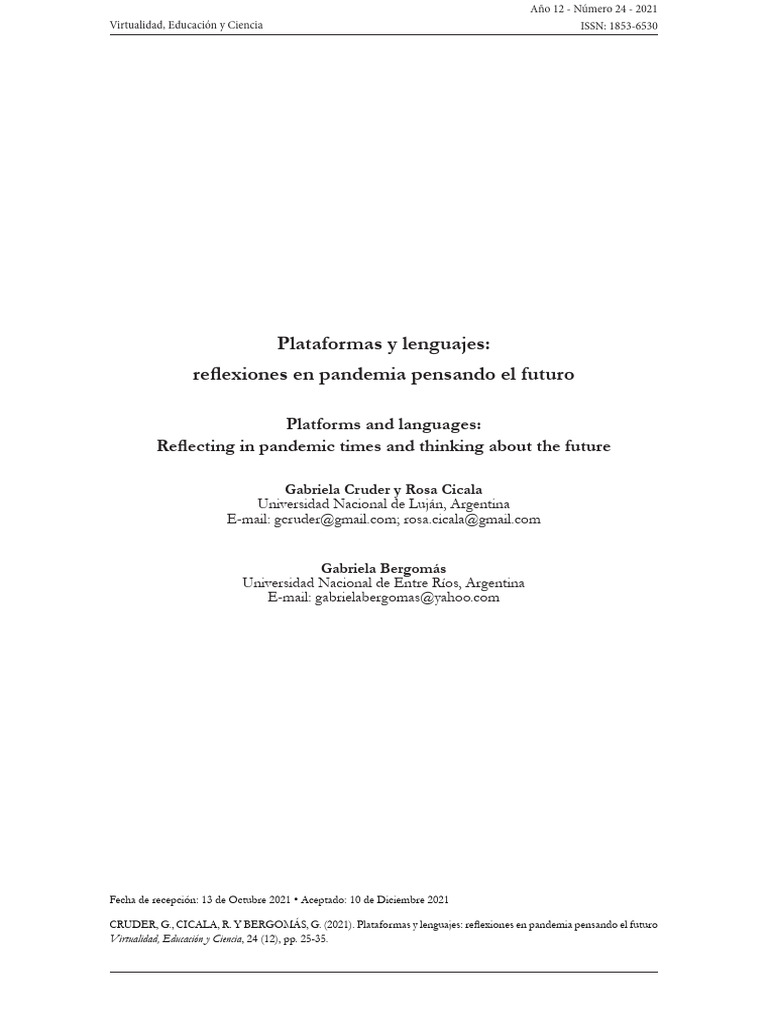 CRUDER, CICALA, BERGOMÁS. Plataformas y Lenguajes Reflexiones en ...
