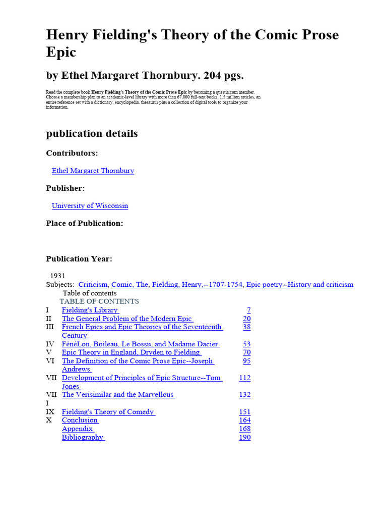 Henry Fielding's Theory of The Comic Prose Epic | PDF