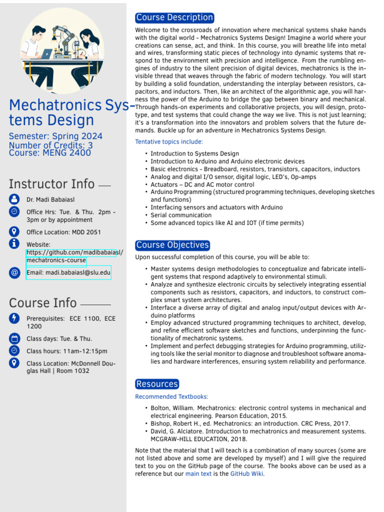 Mechatronics System Design Syllabus | PDF | Mechatronics | Arduino