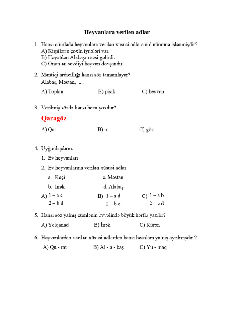 Heyvanlara Verilən Adlar | PDF