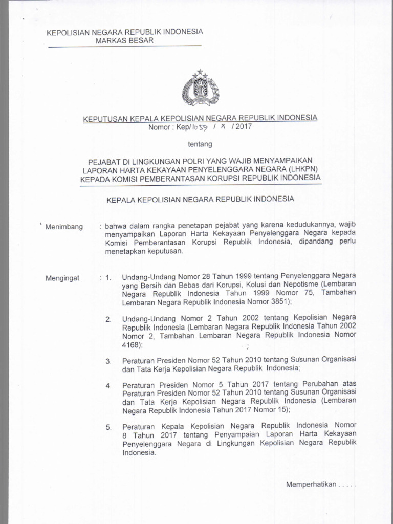 Kep Kapolri No 1059 X 2017 TTG Pejabat Wajib LHKPN Polri Ke KPK | PDF